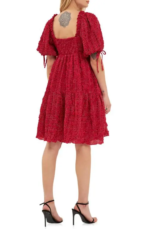 English Factory Gingham Crinkled Flounce A-line Dress - Burgundy