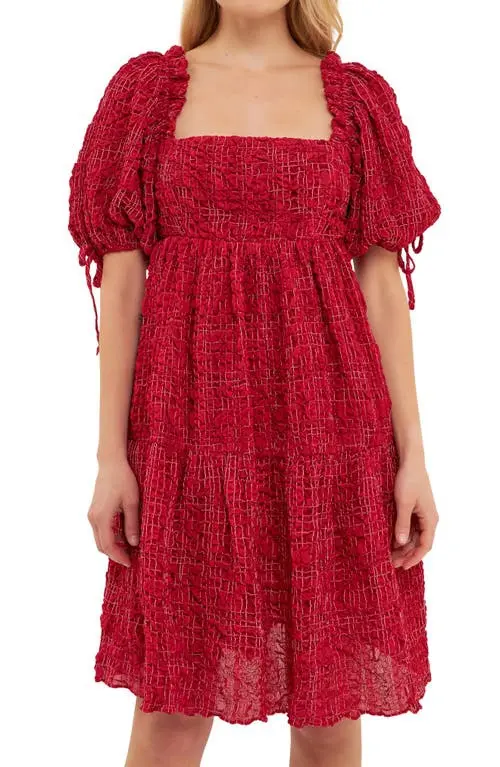 English Factory Gingham Crinkled Flounce A-line Dress - Burgundy
