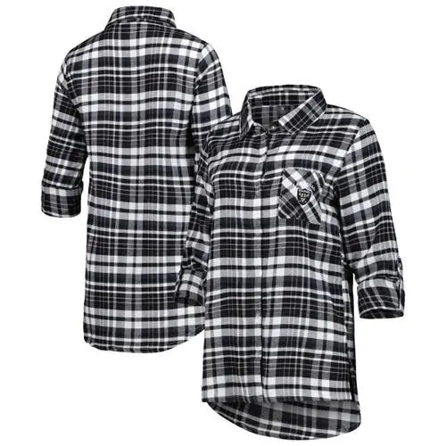 CONCEPTS SPORT Las Vegas Raiders Mainstay Plaid Full-button Long Sleeve Nightshirt - Black