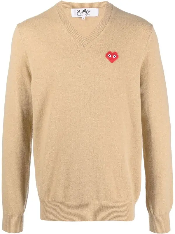 Play Comme Des Garcon Heart-patch V-neck Sweater - Neutrals