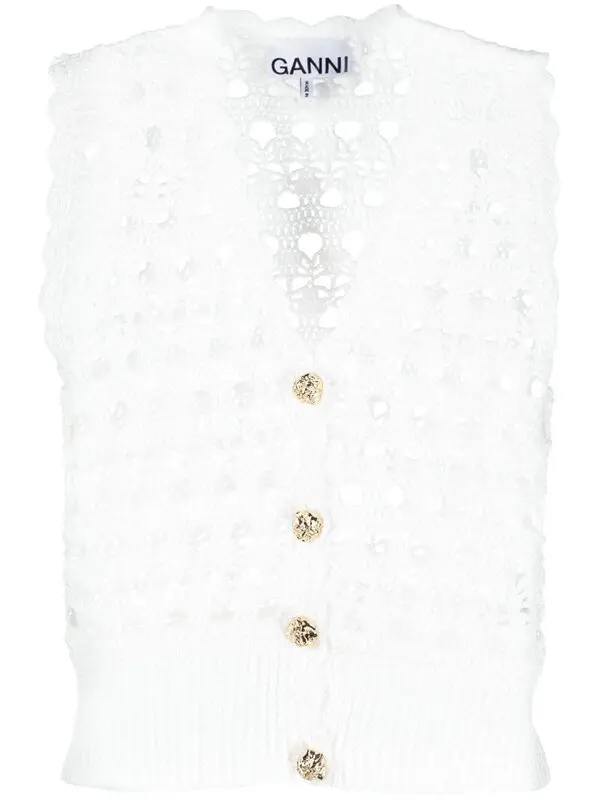 GANNI V-neck Crochet Vest - White