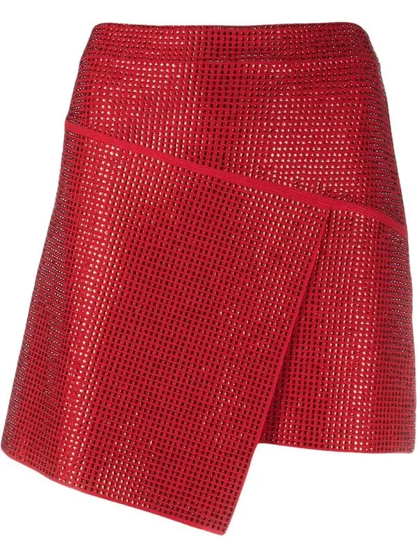 ANDREĀDAMO Asymmetrical Crystal-studded Wrap Skirt - Red