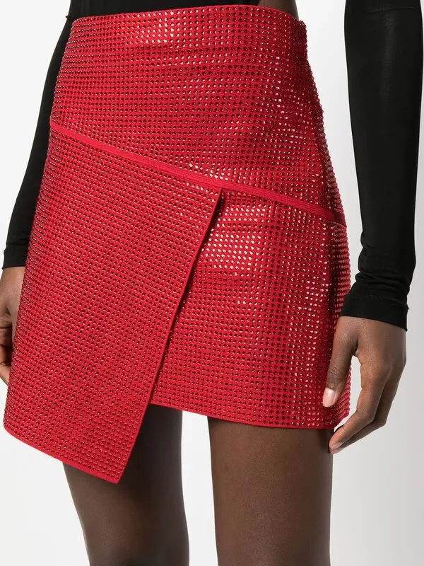 ANDREĀDAMO Asymmetrical Crystal-studded Wrap Skirt - Red