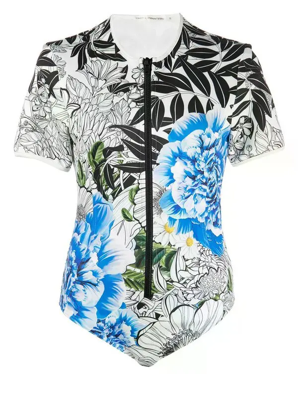 MARY KATRANTZOU Floral Print Short-sleeve One-piece - Blue