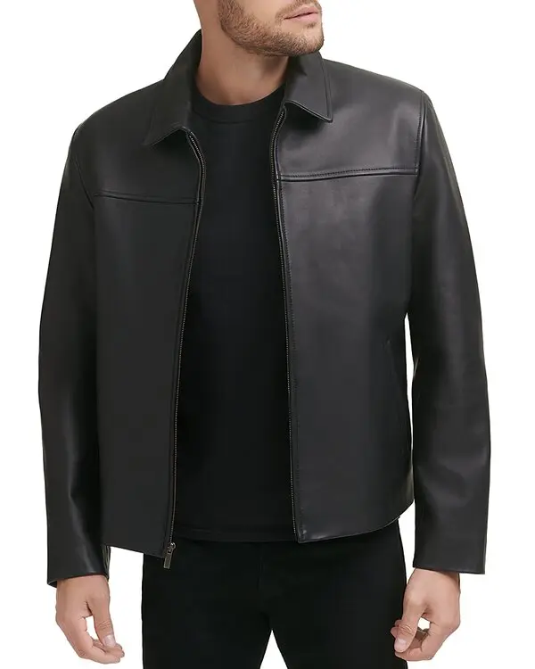 Cole Haan Zip Front Leather Jacket - Black