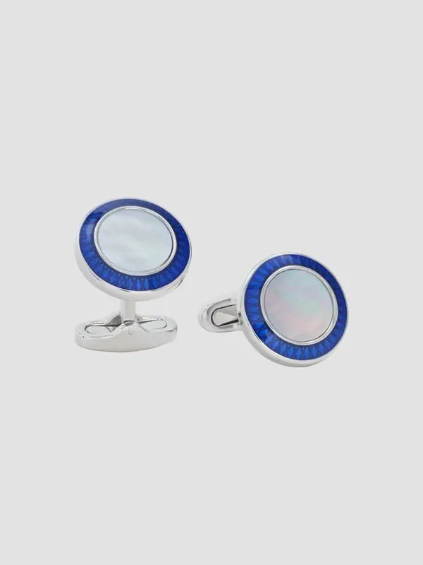 LINK UP Round Mother Of Pearl Cufflinks - Blue Silver