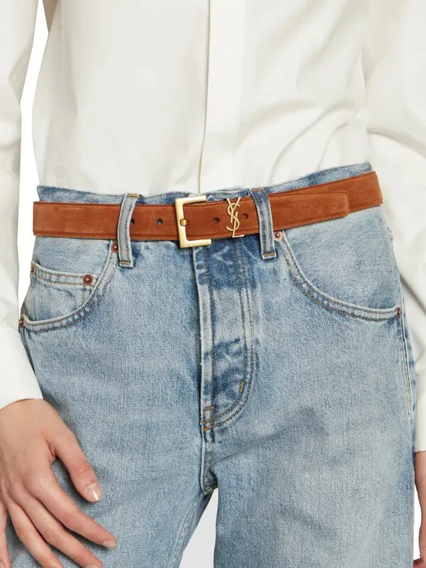 Saint Laurent Cassandre Belt With Square Buckle In Suede - Brick