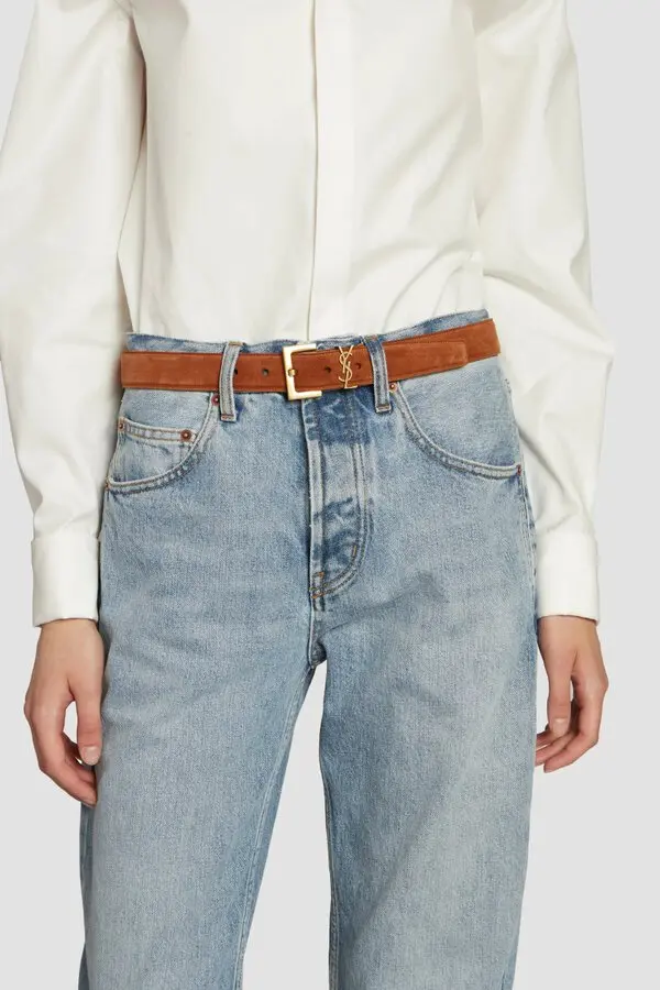 Saint Laurent Cassandre Belt With Square Buckle In Suede - Brick