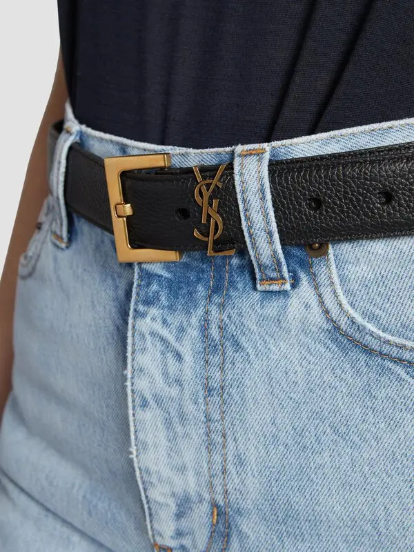 Saint Laurent Cassandre Belt With Square Buckle In Grained Leather