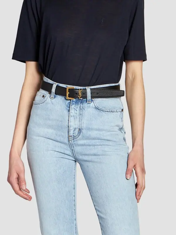 Saint Laurent Cassandre Belt With Square Buckle In Grained Leather