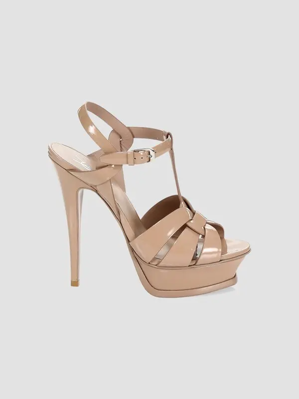 Saint Laurent Tribute 105mm Patent Leather Platform Sandals - Beige