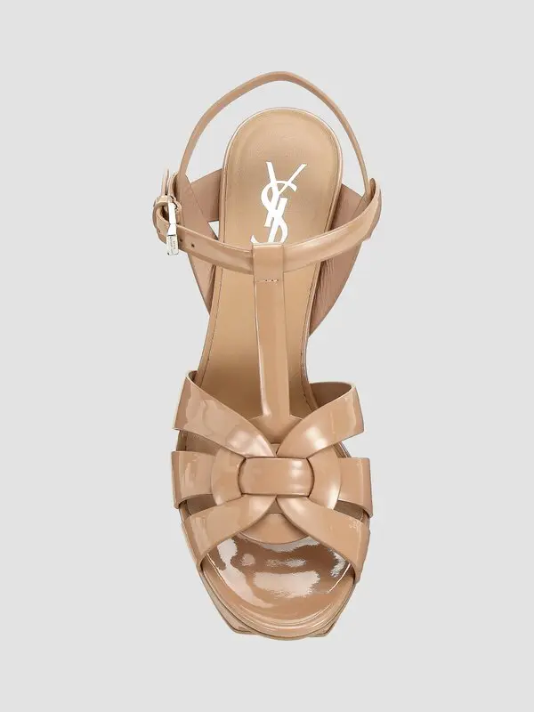 Saint Laurent Tribute 105mm Patent Leather Platform Sandals - Beige