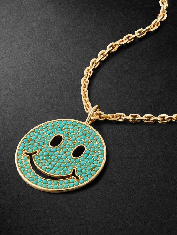 SYDNEY EVAN Xl Happy Face Gold Pendant Necklace - Blue