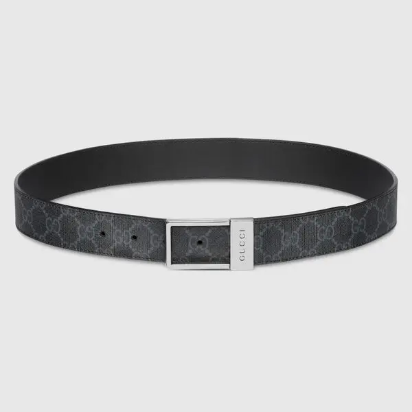 Gucci Gg Supreme Canvas Belt With Rectangular Buckle - Black