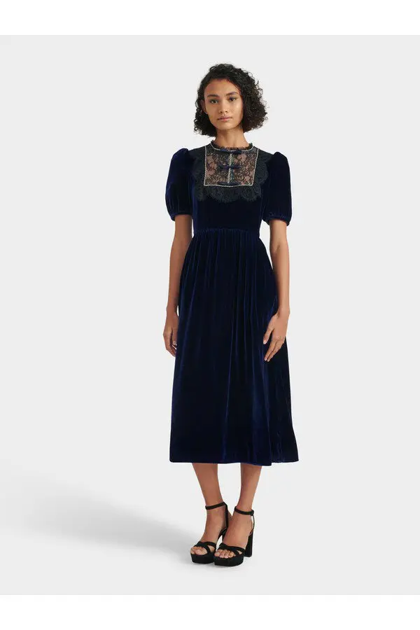 Saloni Cherie Velvet Dress In Blue / Navy - 30% Off | Editorialist