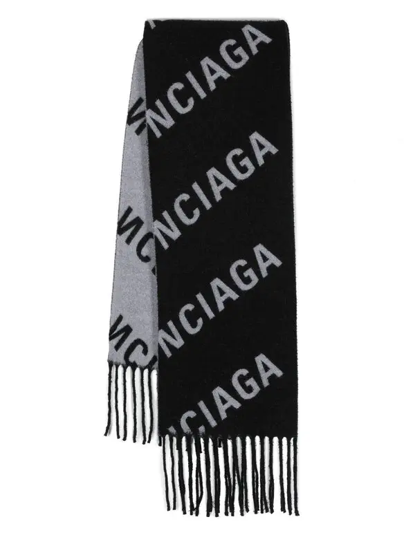 Balenciaga Fringed Jacquard-logo Scarf - Black