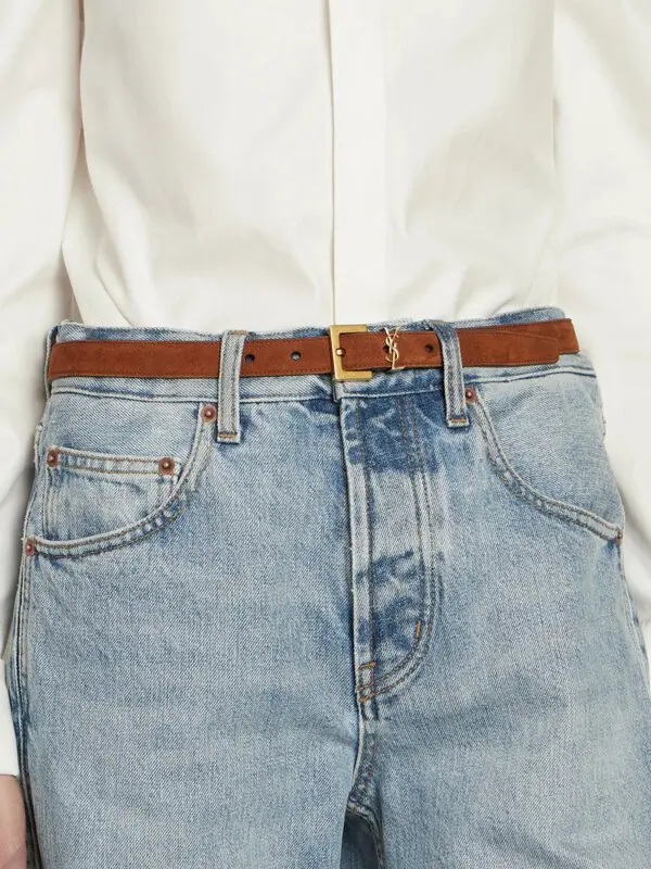 Saint Laurent Cassandre Thin Belt With Square Buckle In Suede