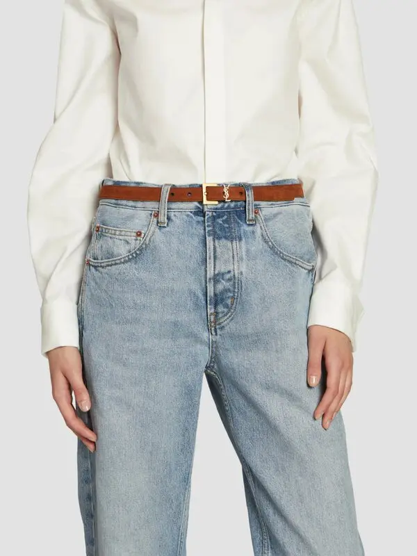 Saint Laurent Cassandre Thin Belt With Square Buckle In Suede