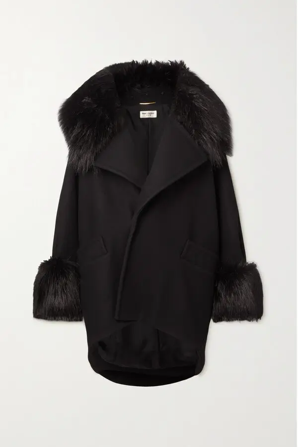 Oversized Faux Fur-trimmed Wool-blend Felt Coat - Black, image 2 of 5