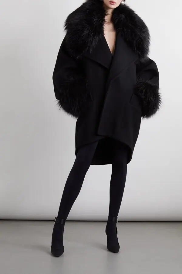 Oversized Faux Fur-trimmed Wool-blend Felt Coat - Black, image 3 of 5