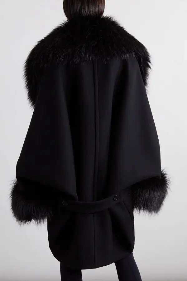 Oversized Faux Fur-trimmed Wool-blend Felt Coat - Black, image 4 of 5