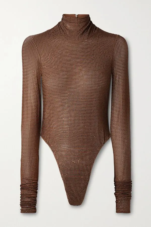 LAQUAN SMITH Crystal-embellished Stretch-tulle Turtleneck Bodysuit