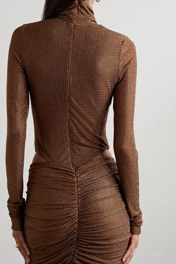 LAQUAN SMITH Crystal-embellished Stretch-tulle Turtleneck Bodysuit