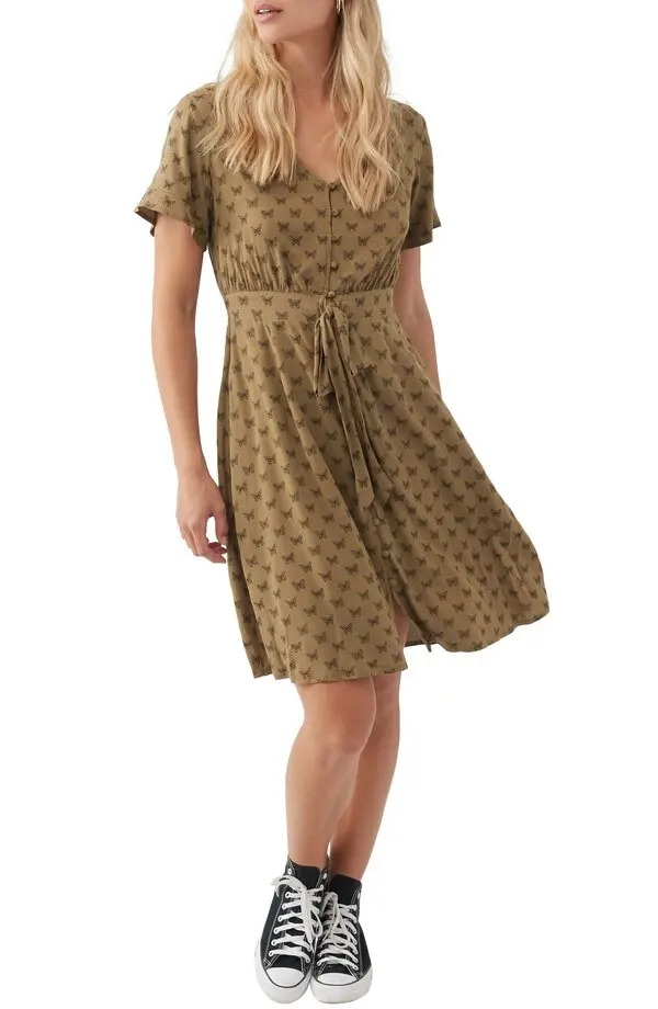 O'Neill Nicolette Butterfly Print Fit & Flare Dress - Olive | Editorialist