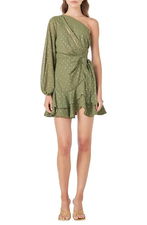 Endless Rose One-shoulder Chiffon Minidress - Olive