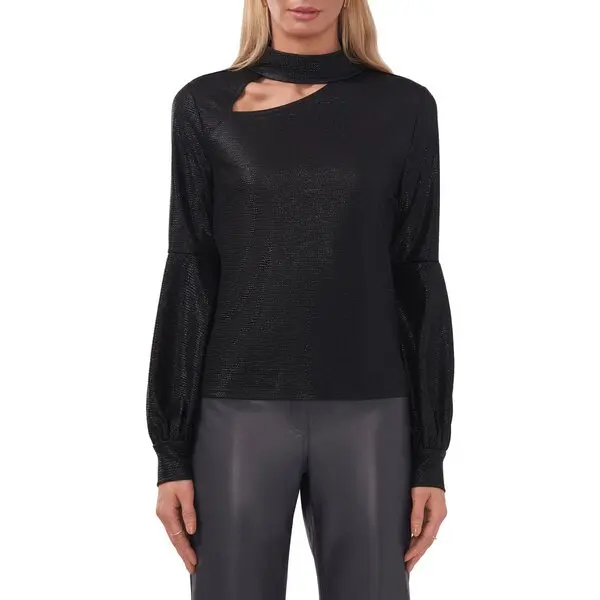 Halogen Metallic Mock Neck Cutout Top - Rich Black