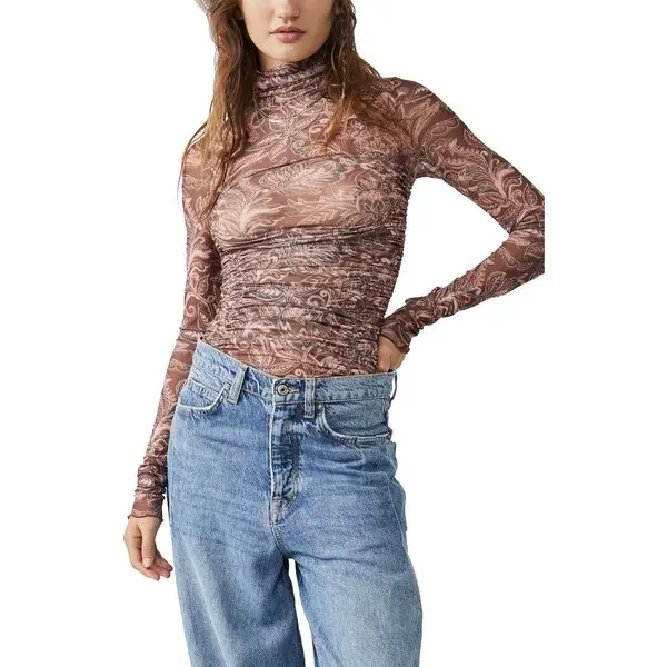 Free People Under It All Ruched Mesh Turtleneck Bodysuit - Rust Combo