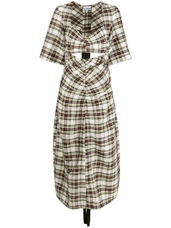 GANNI Ruched Plaid Midi Dress