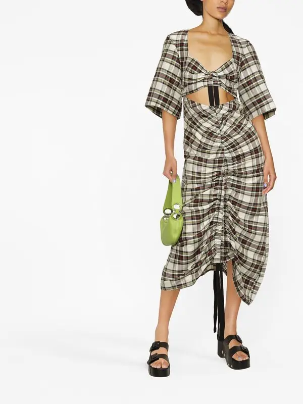 GANNI Ruched Plaid Midi Dress