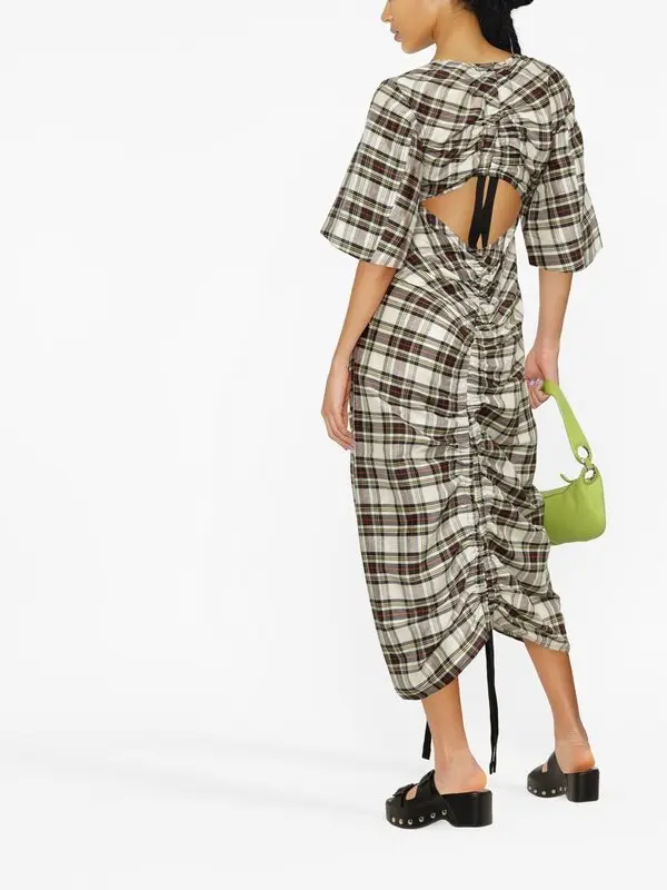 GANNI Ruched Plaid Midi Dress