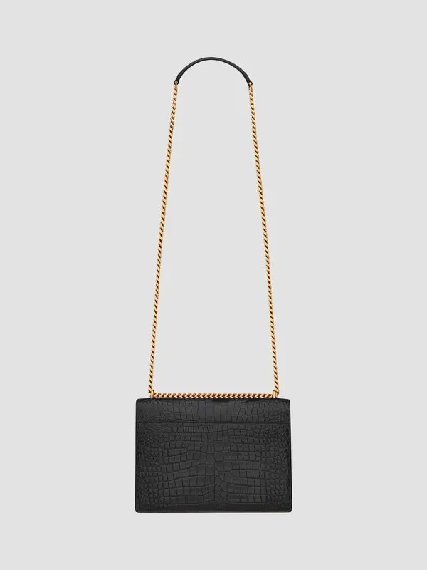 Saint Laurent Croc-embossed Leather Shoulder Bag - Noir