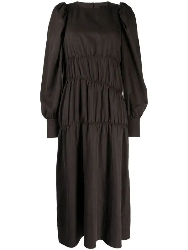 Goen.j Ruched Puffed-sleeve Midi Dress - Brown