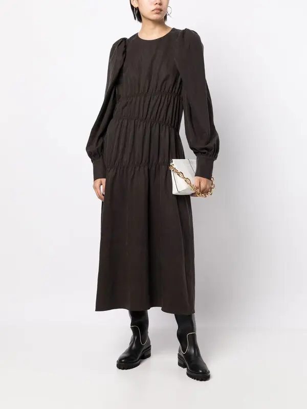 Goen.j Ruched Puffed-sleeve Midi Dress - Brown