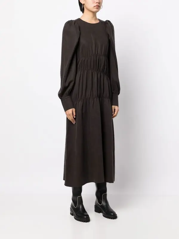 Goen.j Ruched Puffed-sleeve Midi Dress - Brown