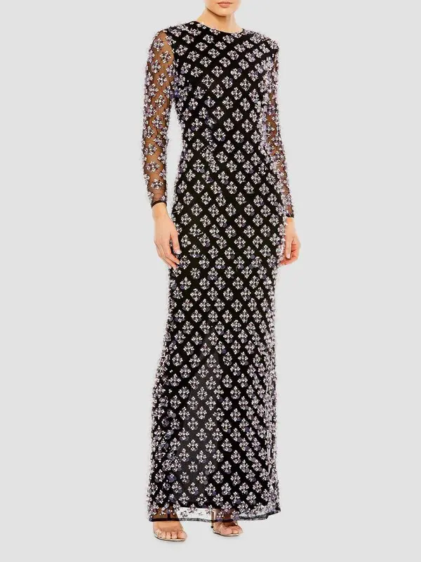 Mac Duggal Beaded Long-sleeve Gown - Black