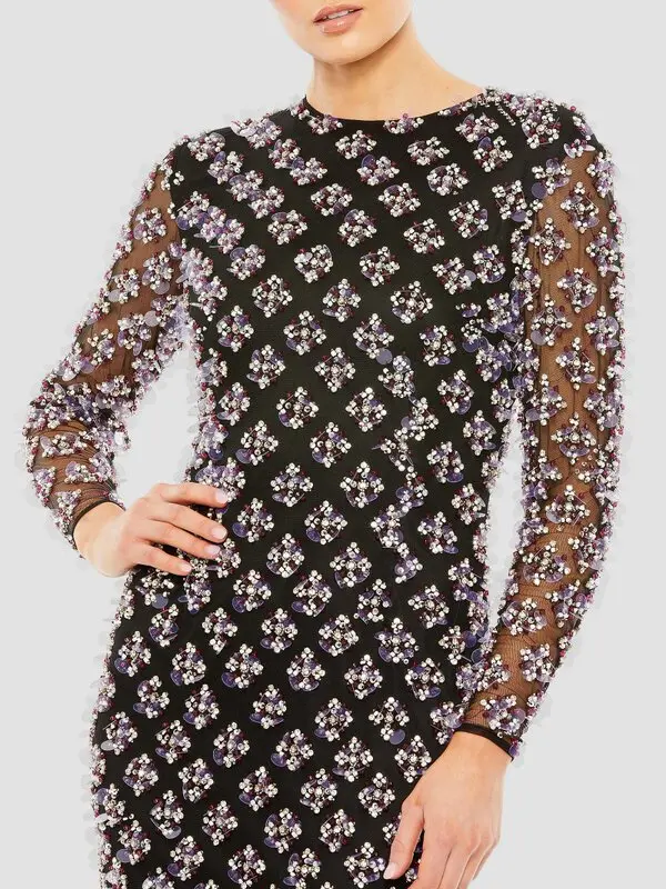 Mac Duggal Beaded Long-sleeve Gown