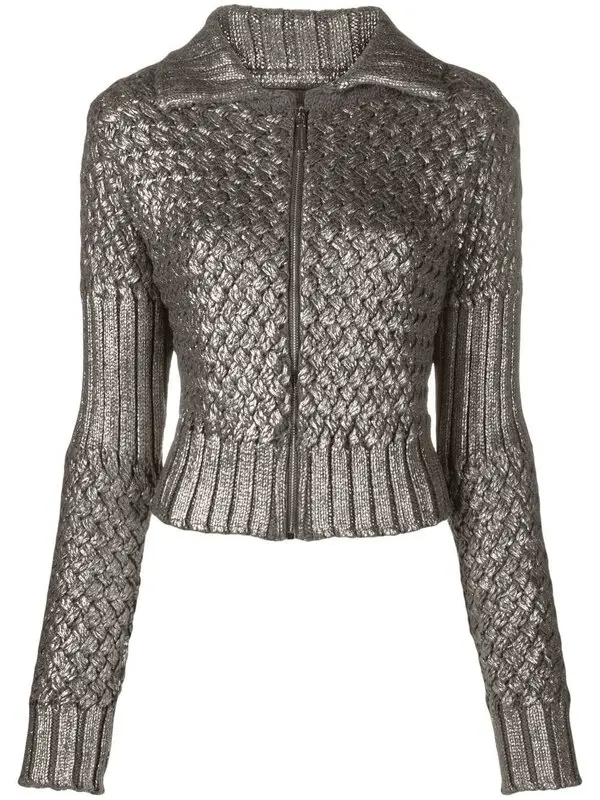 Alberta Ferretti Zip-front Metallic Knit Cardigan