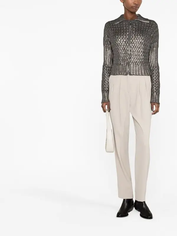 Alberta Ferretti Zip-front Metallic Knit Cardigan