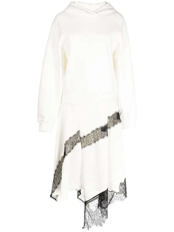 Goen.j Lace-trim Hooded Asymmetric Midi Dress - White