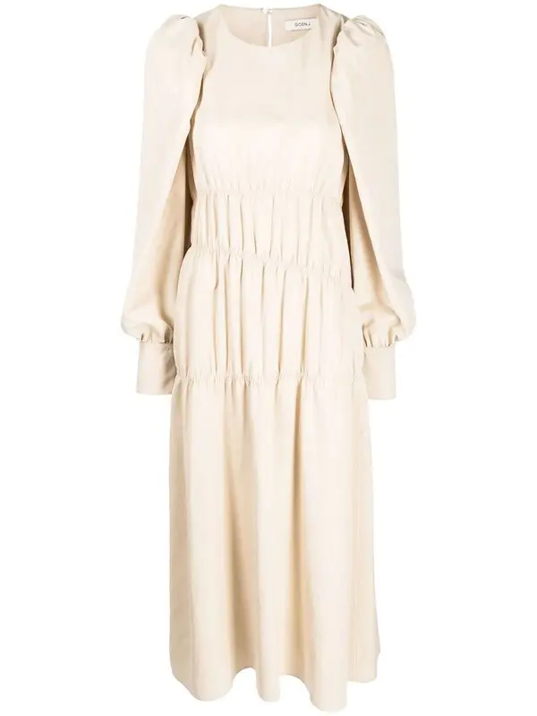 Goen.J Ruched Puff-Sleeve Midi Dress - Neutrals - 50% Off | Editorialist
