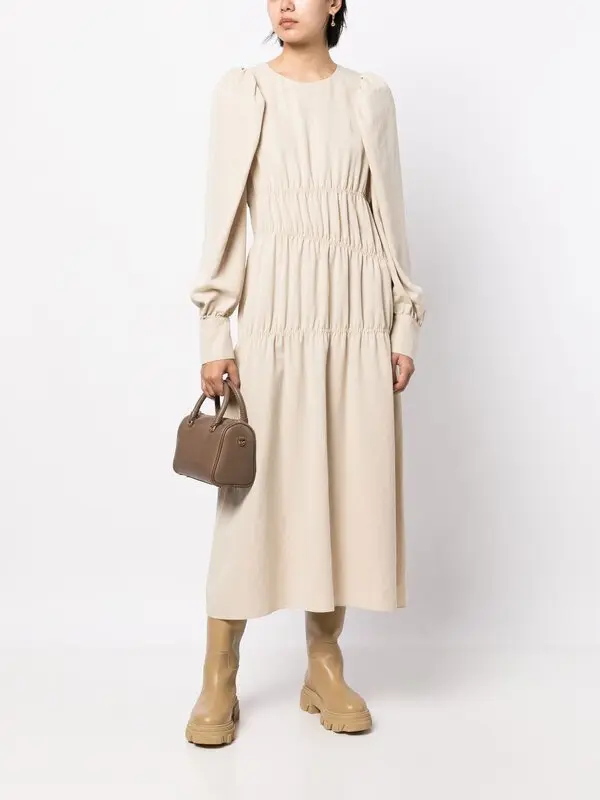 Goen.j Ruched Puff-sleeve Midi Dress - Neutrals