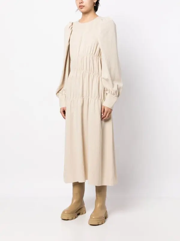 Goen.j Ruched Puff-sleeve Midi Dress - Neutrals