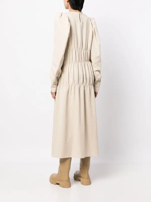 Goen.j Ruched Puff-sleeve Midi Dress - Neutrals