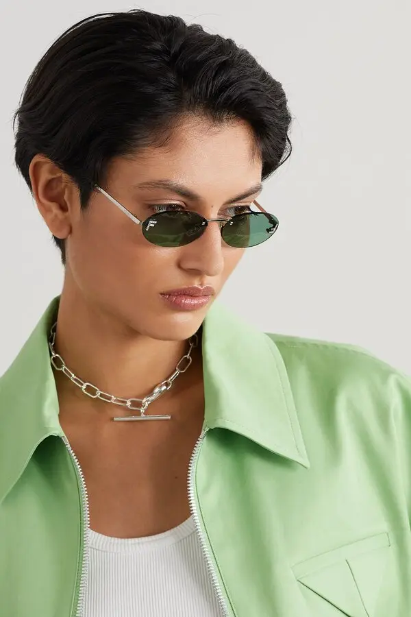 Fendi Oval-frame Silver-tone Sunglasses - Green