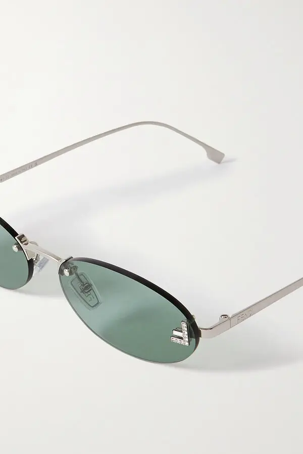 Fendi Oval-frame Silver-tone Sunglasses - Green