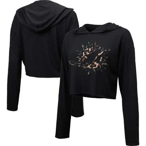 MAJESTIC THREADS Miami Dolphins Leopard Cropped Pullover Hoodie - Black